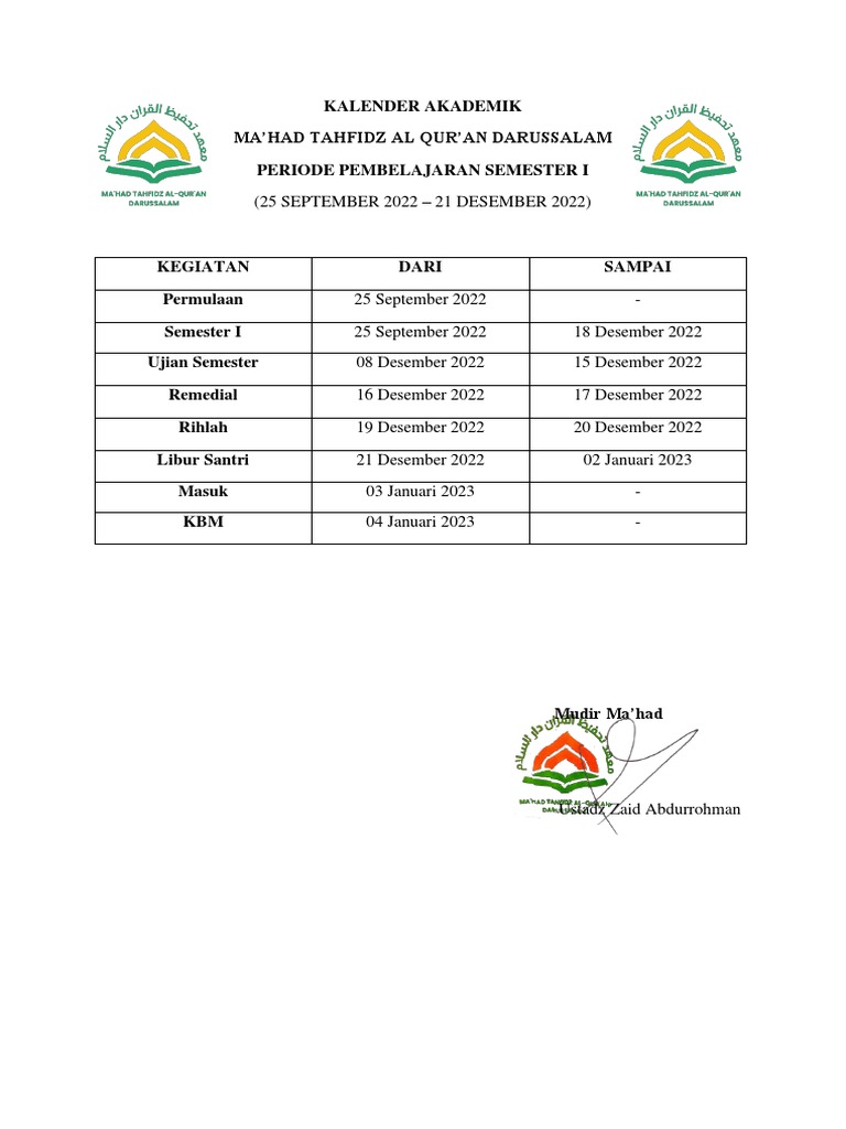 Kalender Akademik Ma'had 2022-2023 | PDF