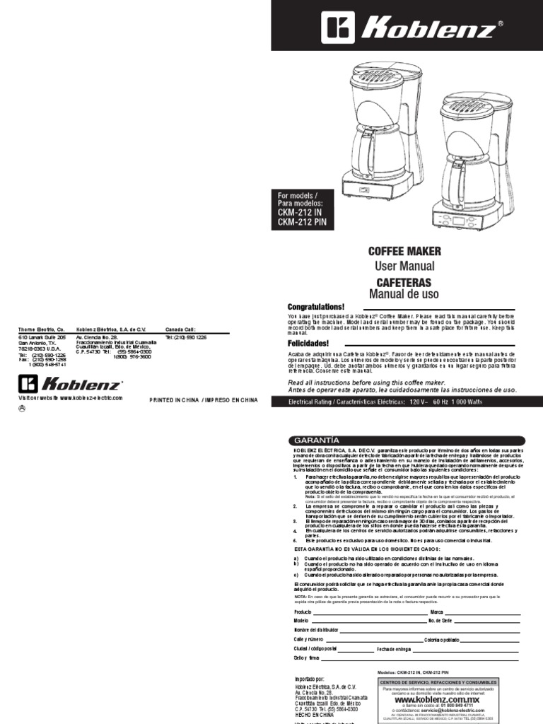 User Manual Manual de Uso: Coffee Maker Cafeteras | PDF | Los ...
