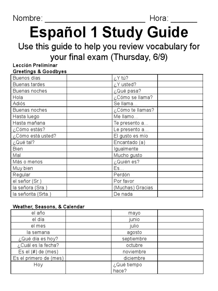 Spanish 1 Final Exam Review Packet-2 | PDF