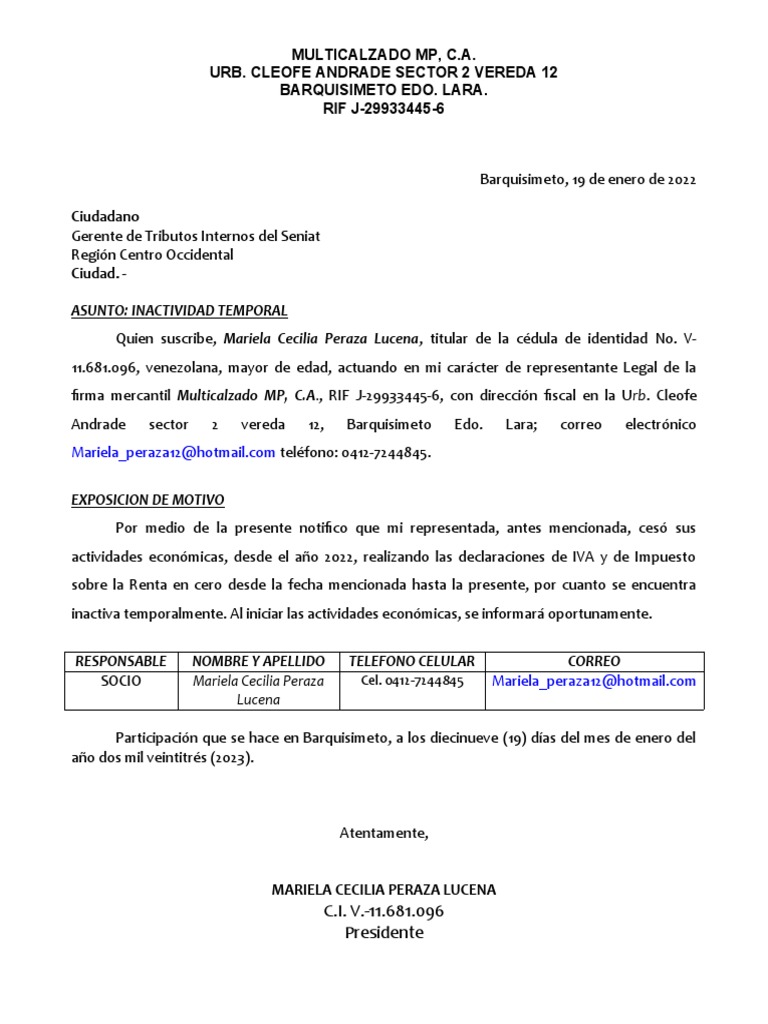 Carta Seniat Cese Temporal.1 | PDF
