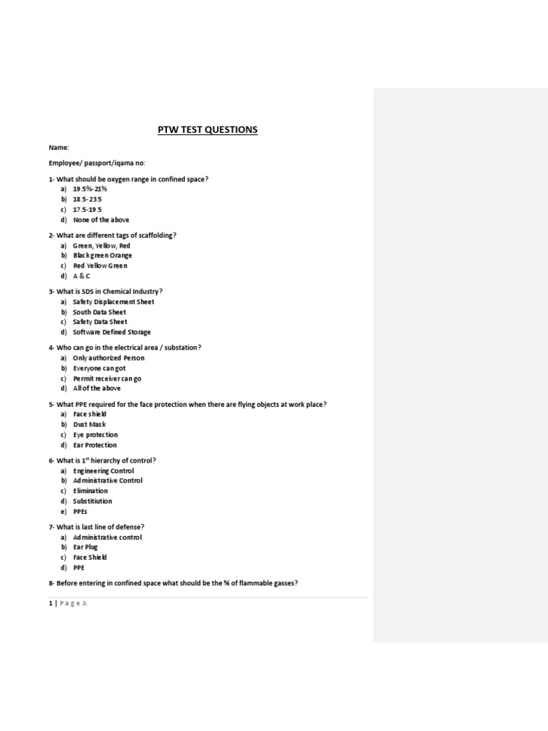 PTW Test QuestionsA - All Q&A | PDF | Personal Protective Equipment ...