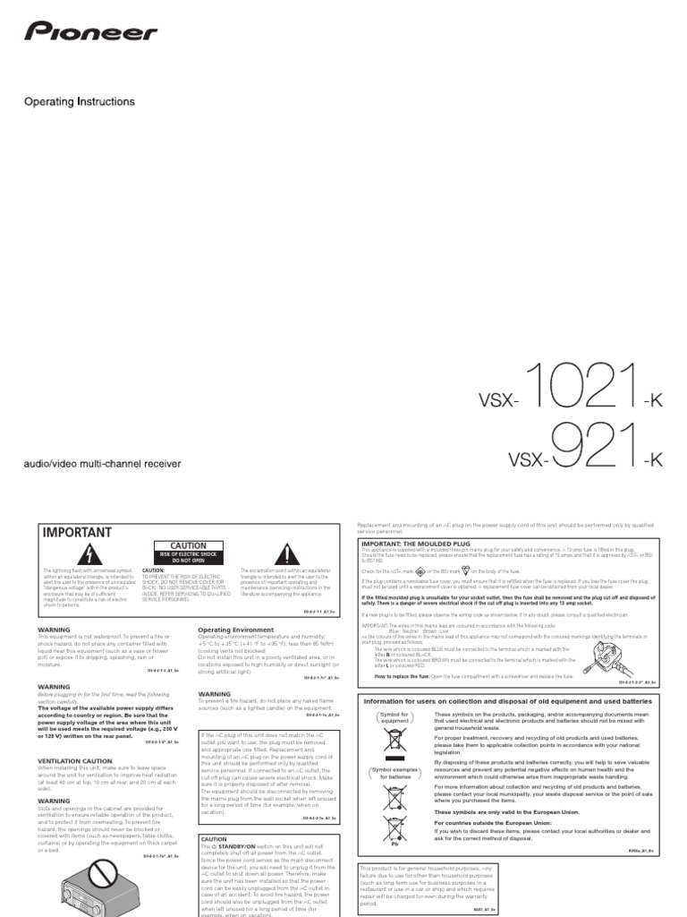 Pioneer VSX-921 Full User Manual | PDF | Ac Power Plugs And Sockets | Fuse (Electrical)
