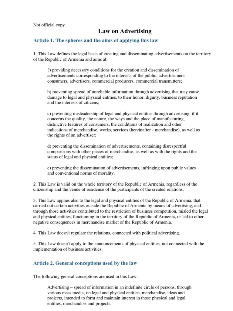 Law On Advertising: Article 1. The Spheres and The Aims of Applying ...