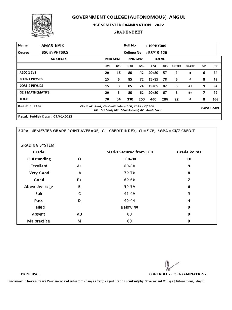 1st Semester Marksheet - BSc Physics | PDF
