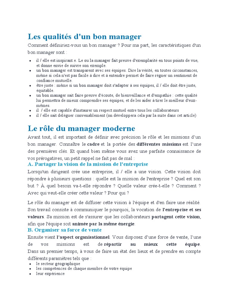 Qualités D Un Bon Manager Moderne Pdf Sodles Gestion De La
