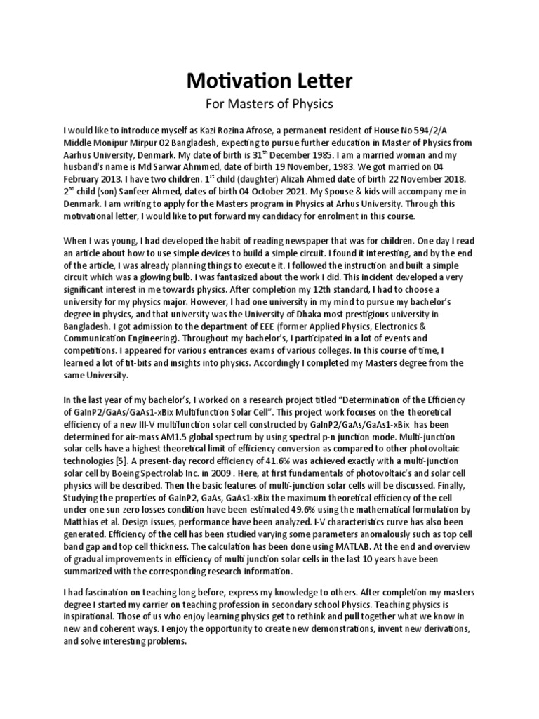 Motivation Letter: For Masters of Physics | PDF | Solar Cell | University
