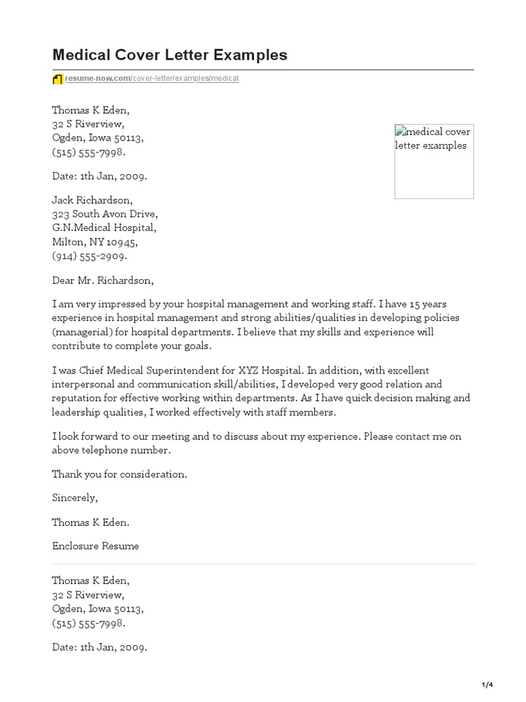 Medical Cover Letter Examples | PDF | Nursing | Hospital