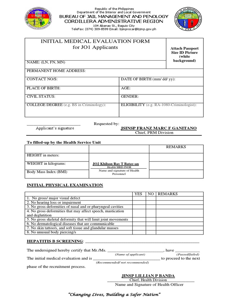 Initial Medical Evaluation Form For JO1 Applicants | Download Free PDF ...