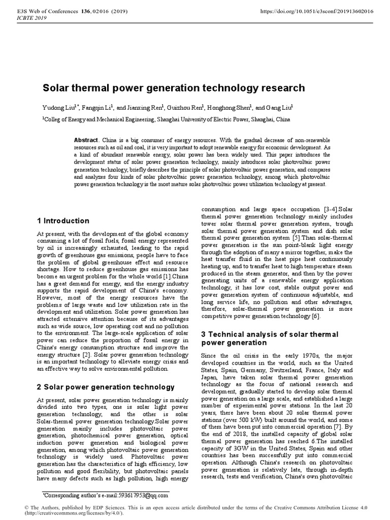 Solar Thermal Power Generation Technology Research | PDF