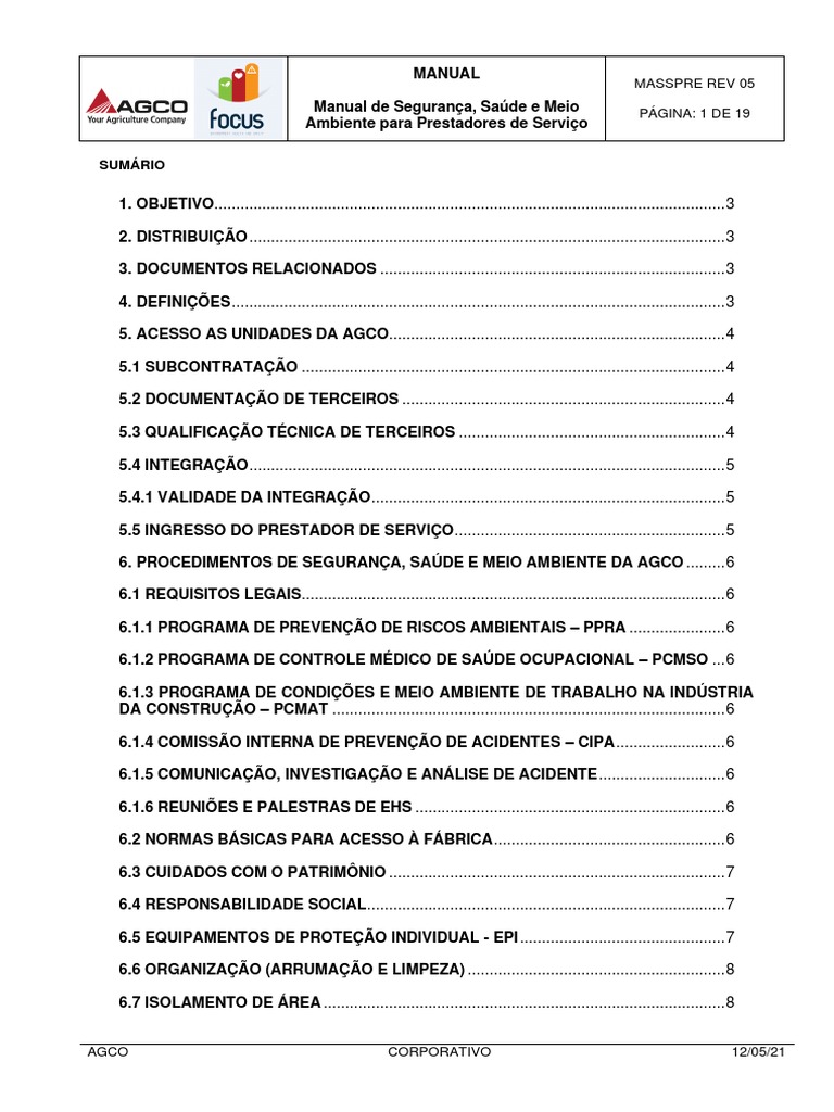 Manual de EHS para Prestadores AGCO | PDF