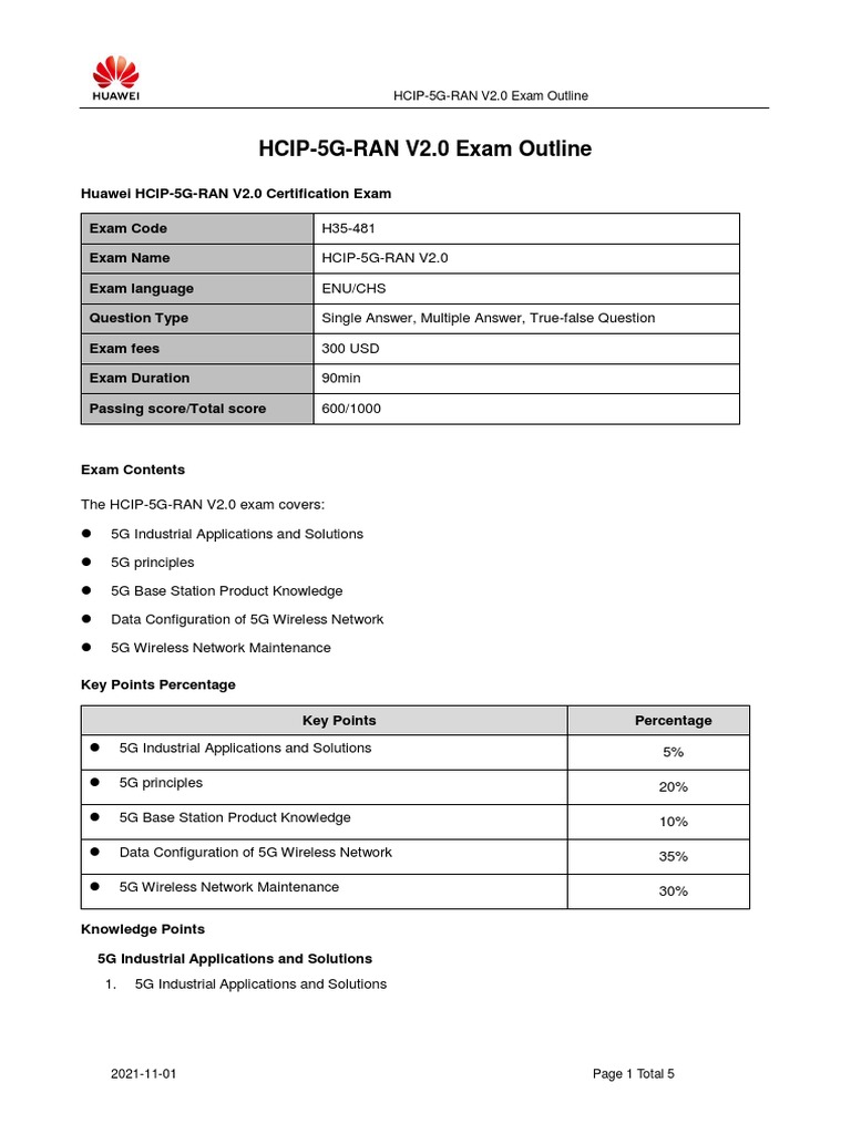 HCIP-5G-RAN V2.0 Exam Outline | PDF | Telecommunications | Electrical ...