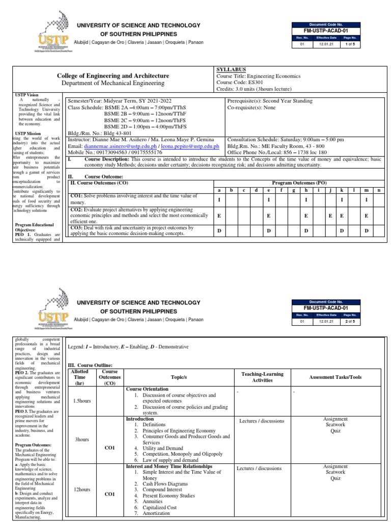 Engineering Economics Course Syllabus | PDF | Engineering | Test ...