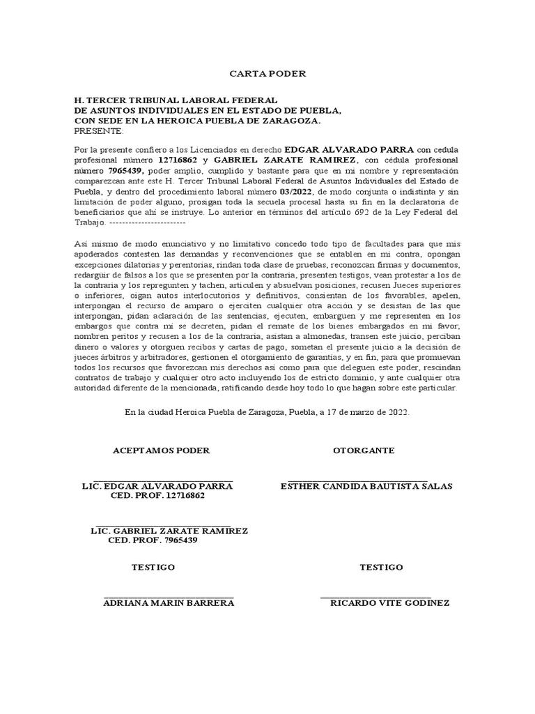 Carta Poder Juicio Laboral | PDF