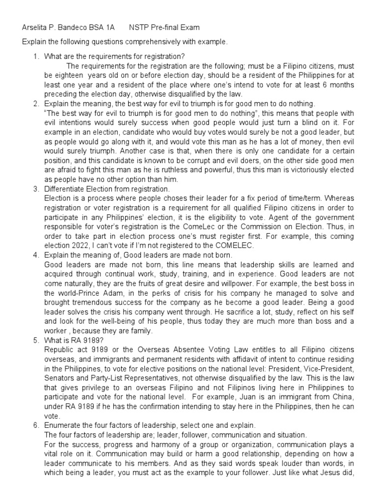 NSTP Pre Final Exam | PDF | Elections | Leadership