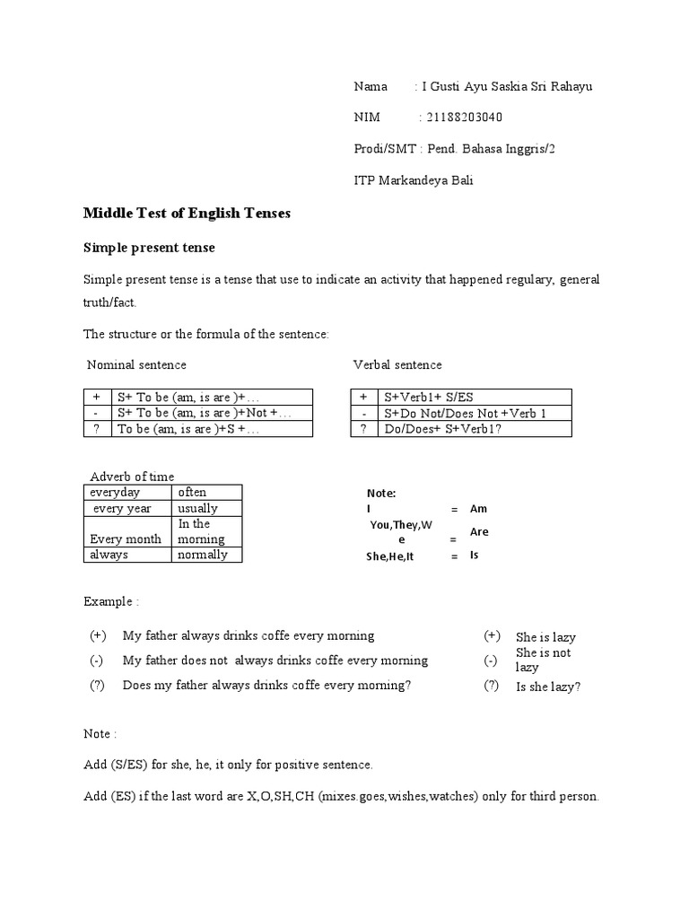 Middle Test English Tenses SaskiaPBI Salinan | PDF | Grammatical Tense ...
