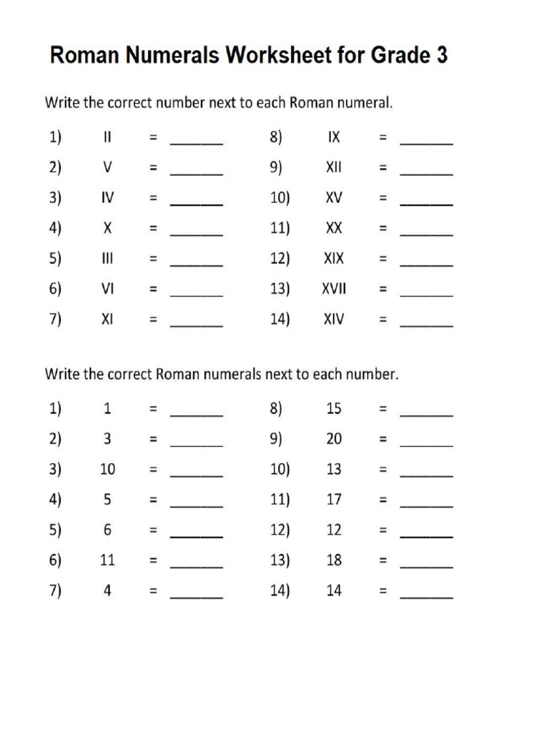 Printable Roman Numeral Worksheet Grade 3 | PDF