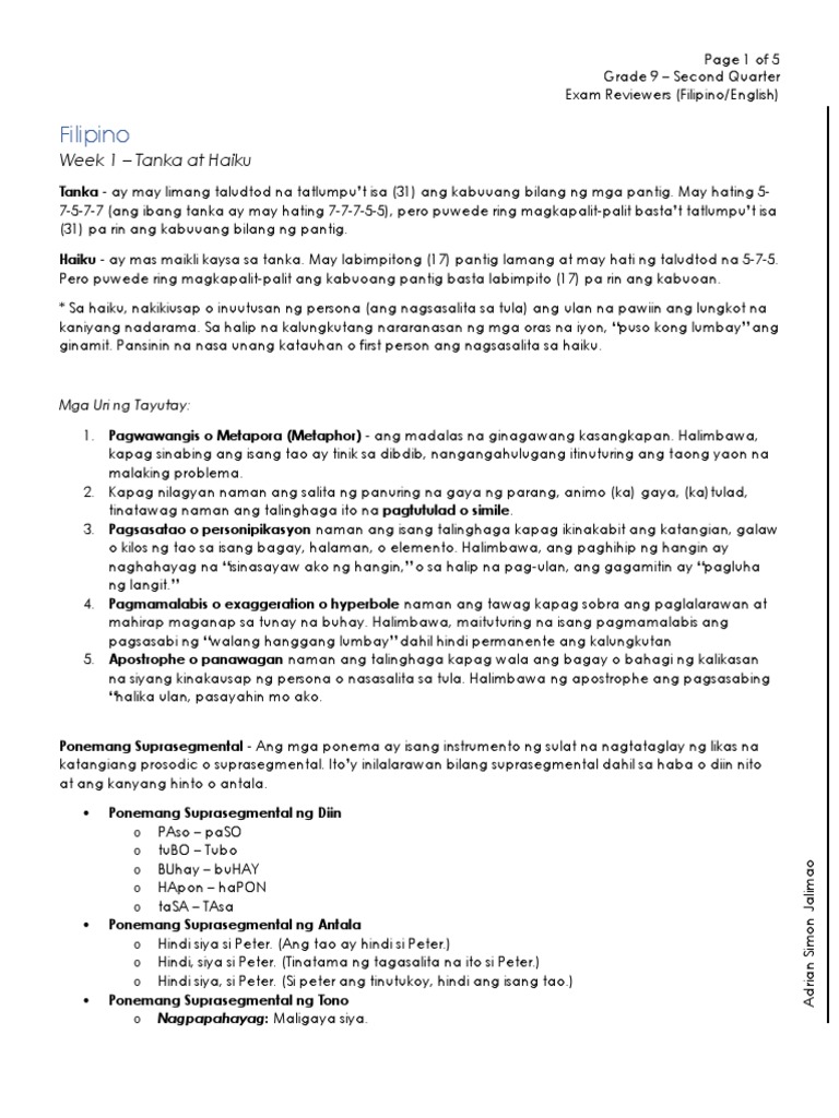 G9 Q2 Filipino English | PDF