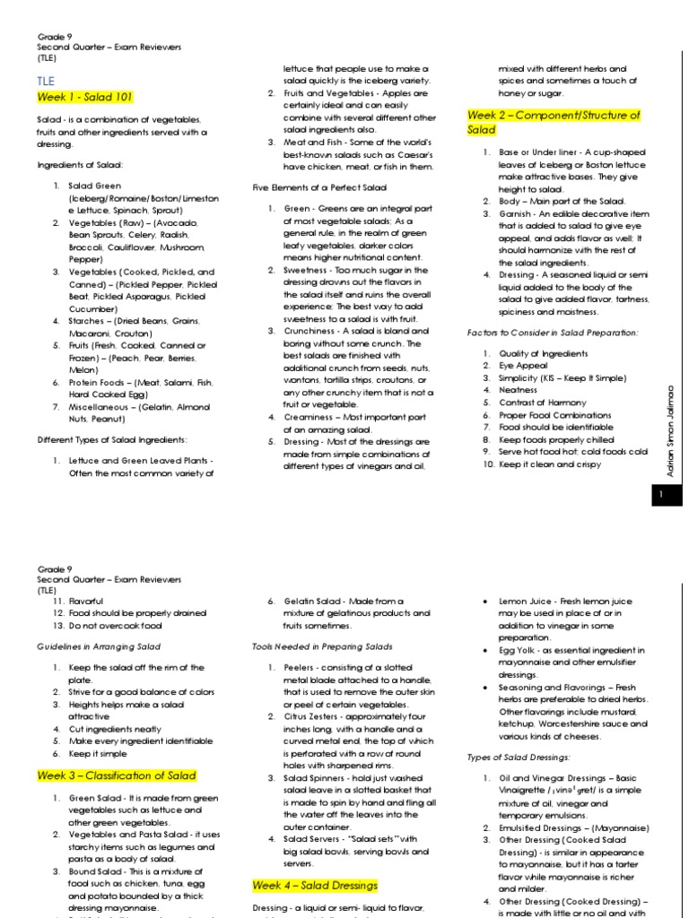 Week 1 - Salad 101 Week 2 - Component/Structure of Salad: Factors To ...