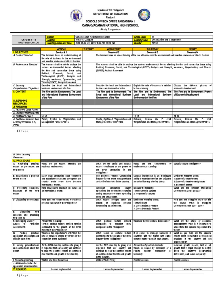 Daily Lesson Log: Org & Management 11 | PDF | Outsourcing | Economic Growth