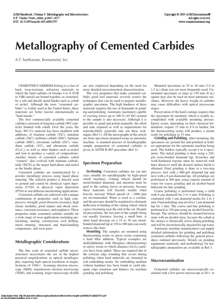 Metallography of Cemented Carbides: A.T. Santhanam, Kennametal, Inc | PDF | Materials Science ...