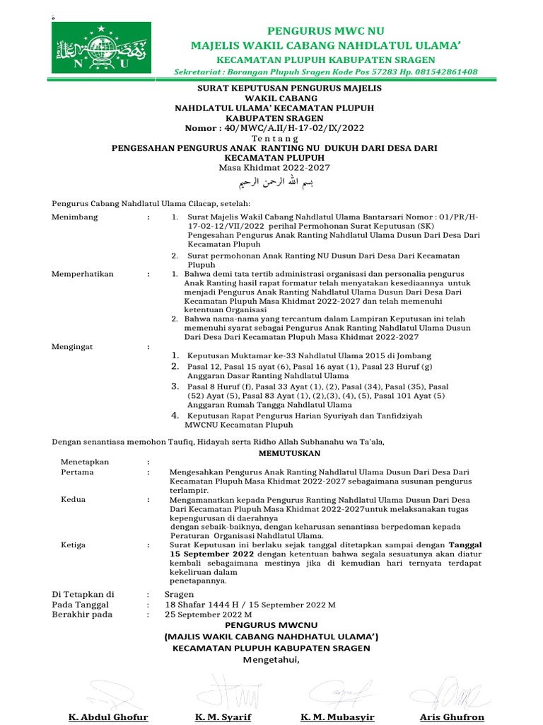 Contoh SK Ranting Nu | PDF