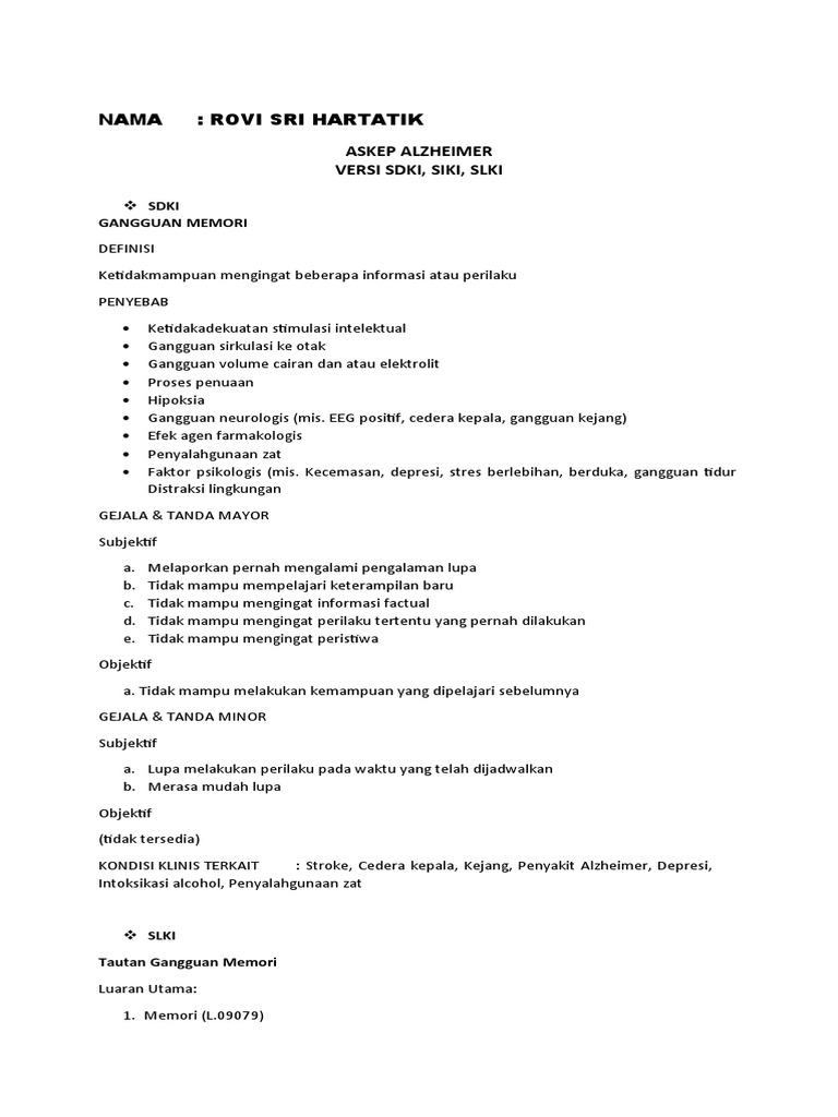 Rovi Tugas Askep Alzheimer Sdki, Siki, Slki | PDF | Sains & Matematika
