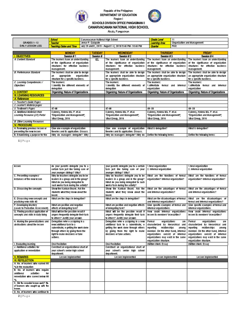 DLL W5 July W1 August Organization and Management | PDF | Learning ...