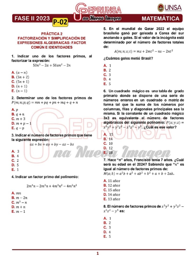 P - 02 Matemática Ceprunsa 2da Fase | PDF