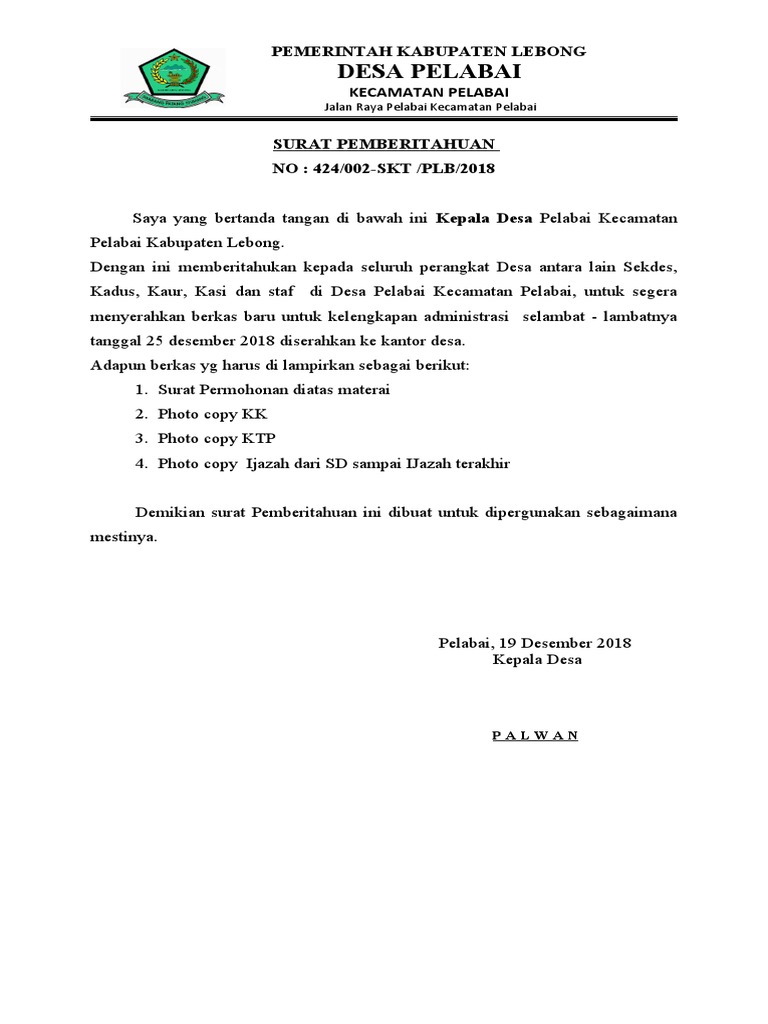 SURAT PEMBERITAHUAN PENGUMPULAN BERKAS ADMINISTRASI DESA PELABAI | PDF