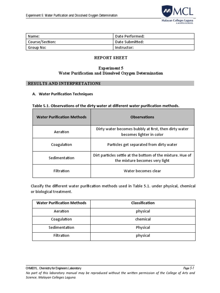 Experiment 5 Data Sheet 1 | PDF | Water Purification | Water