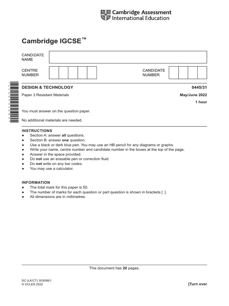 Cambridge IGCSE: Design & Technology 0445/31 | PDF | Technology ...