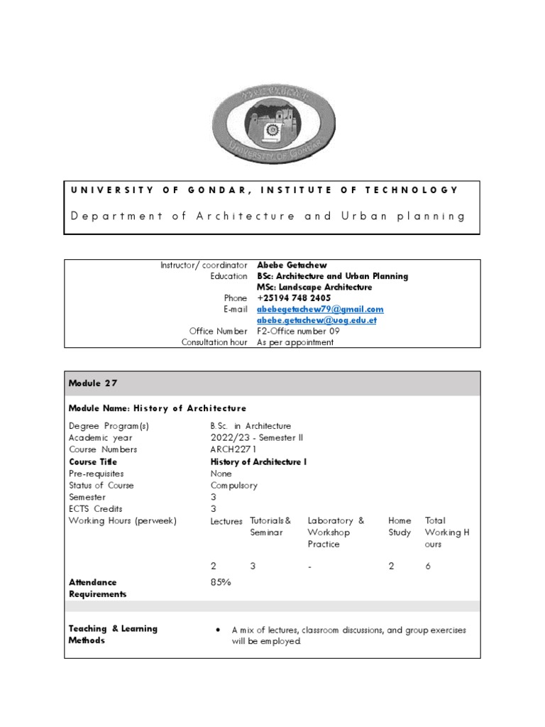 History of Architecture - I - ARCH2271 - Course Outline | PDF | Lecture