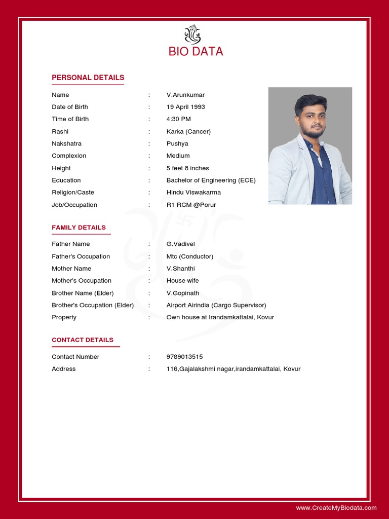 V.Arunkumar - Biodata (By Createmybiodata - Com) | PDF | Technical Factors Of Astrology | Hindu ...