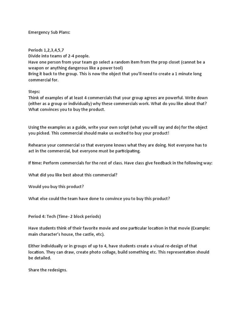 Emergency Sub Plans | PDF