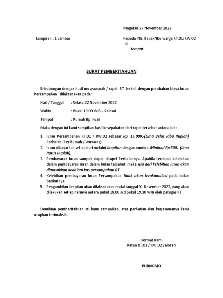 Surat Pemberitahuan RT 01 | PDF