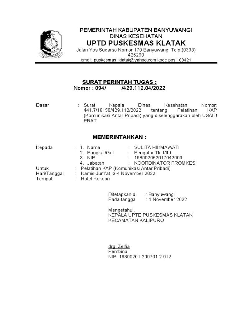 Contoh Surat Perintah Tugas | PDF