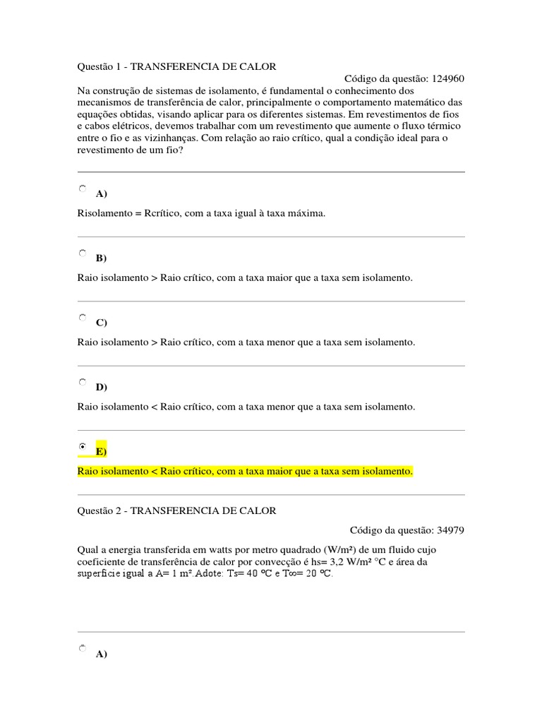 Av2 - Nota 4 - Transferência de Calor | PDF | Transferência de calor | Calor
