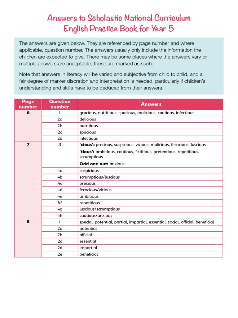 Year 5 English Practice Answers | PDF | Sun | Moon