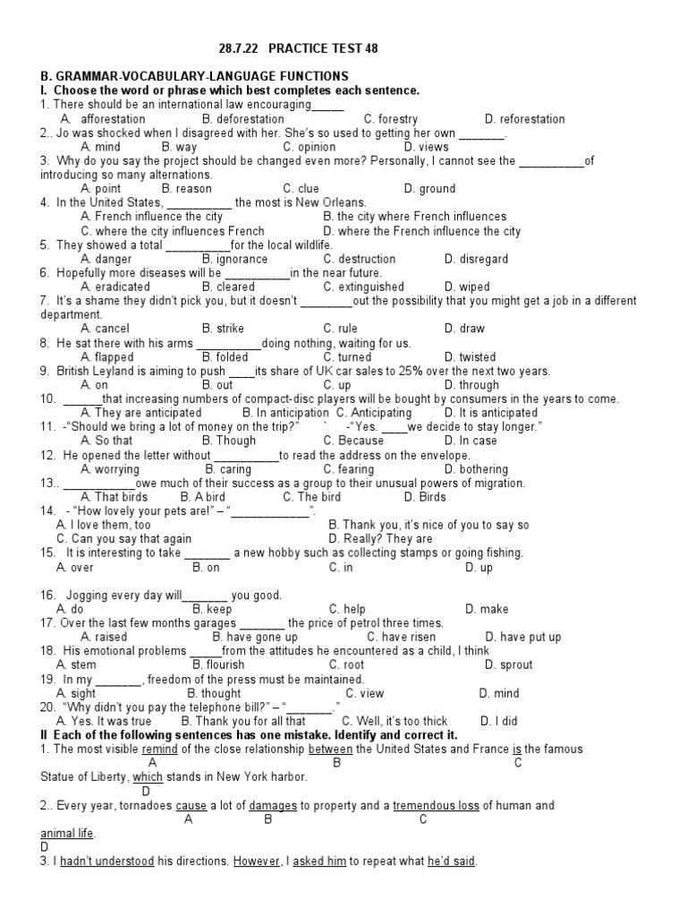 28.7.22 PRACTICE TEST 48 B. Grammar-Vocabulary-Language Functions I ...