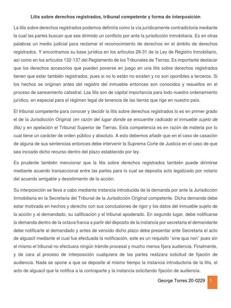 Litis Sobre Derechos Registrados, Tribunal Competente y Forma de ...