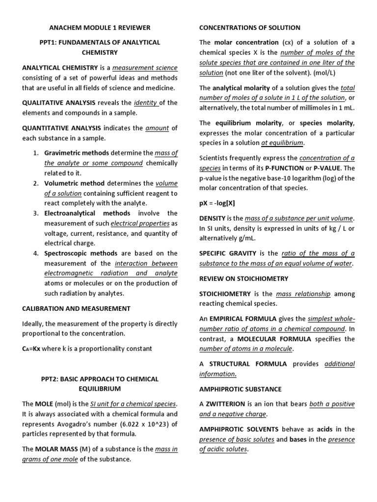 Anachem Module 1 Reviewer | PDF | Chemical Equilibrium | Mole (Unit)
