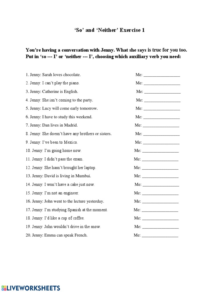 So and Neither Exercises Worksheet | PDF