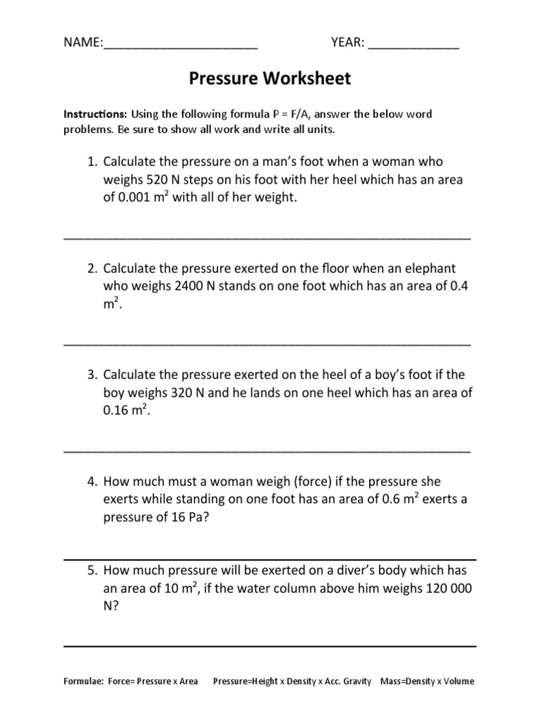 Pressure Worksheet | PDF | Pressure | Weight