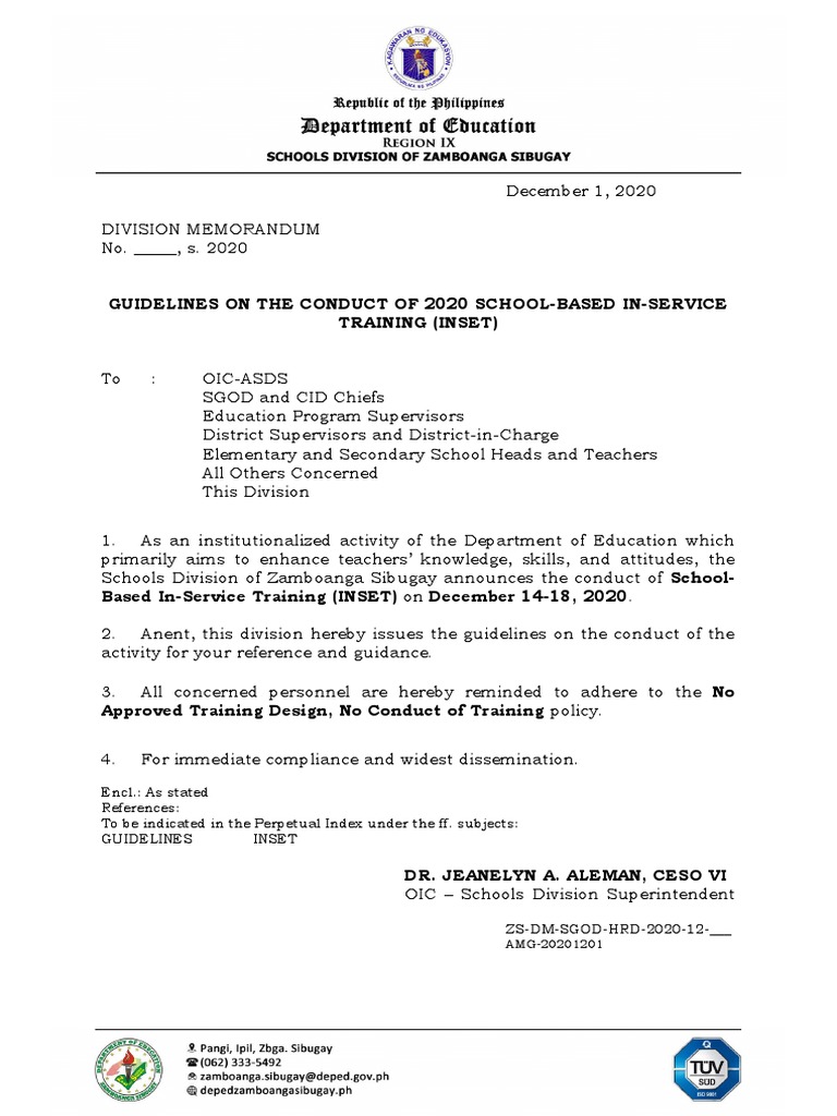 Memo Inset Guidelines Sanghanan Es | PDF | Educational Assessment ...