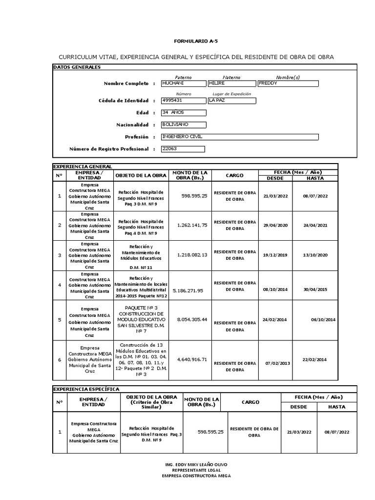 Formulario A5: CV de Freddy Huchani | PDF | Derecho