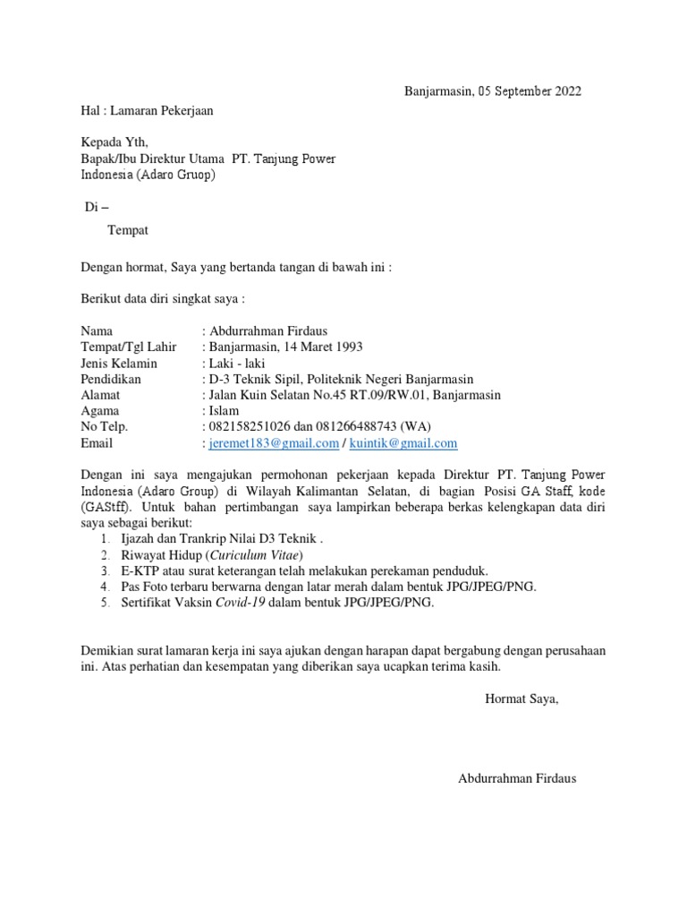 Surat Lamaran PT. Tanjung Power Indonesia (Adaro Group) - Abdurrahman Firdaus - GA Staff. | PDF