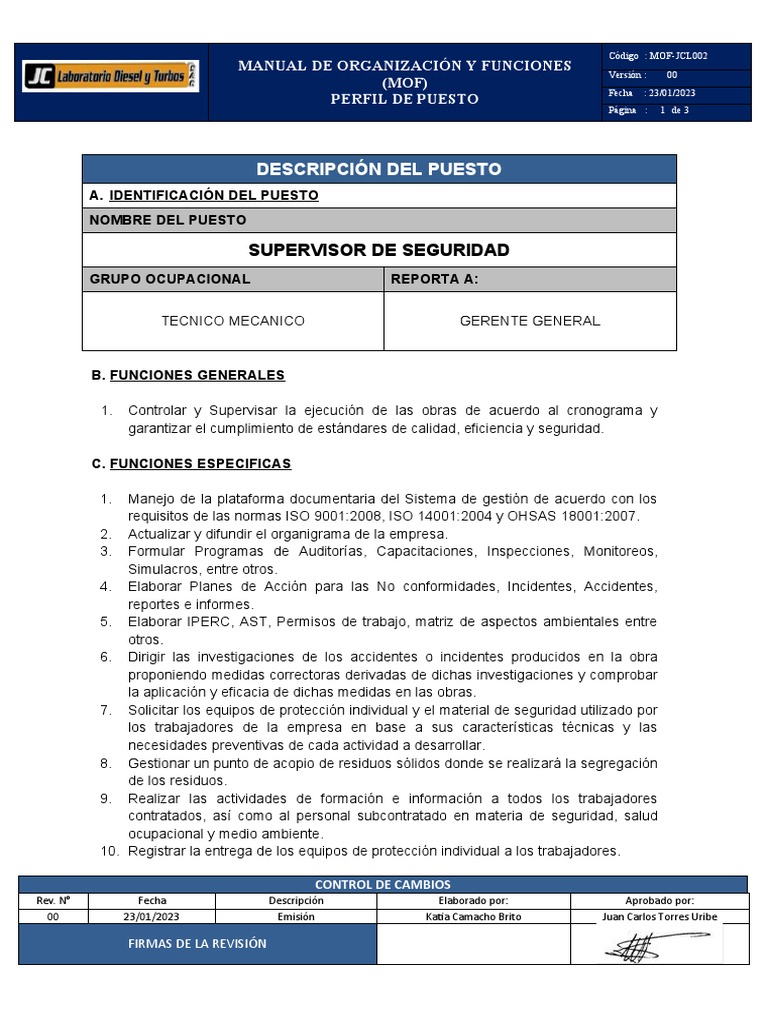 MOF - Perfil de Puesto - Supervisor de Seguridad | PDF