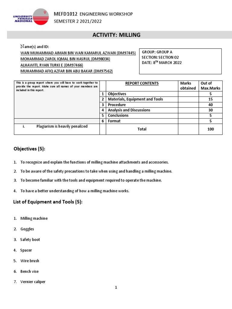 Labsheet Milling S22021 | PDF