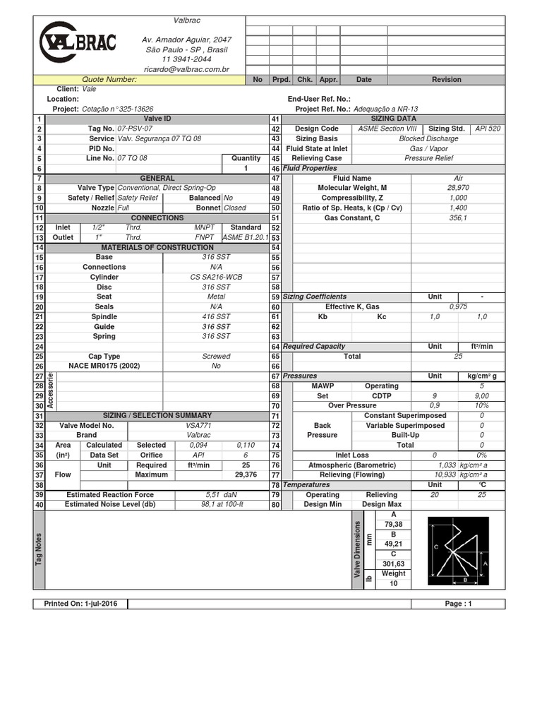 07-PSV-07 Folha de Dados Valbrac | PDF | Valve | Process Engineering