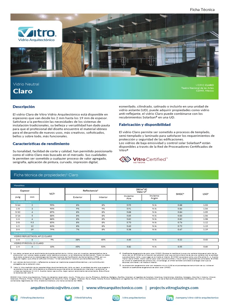 Ficha Tecnica Claro | PDF | Aplicaciones de vidrio | Química Física